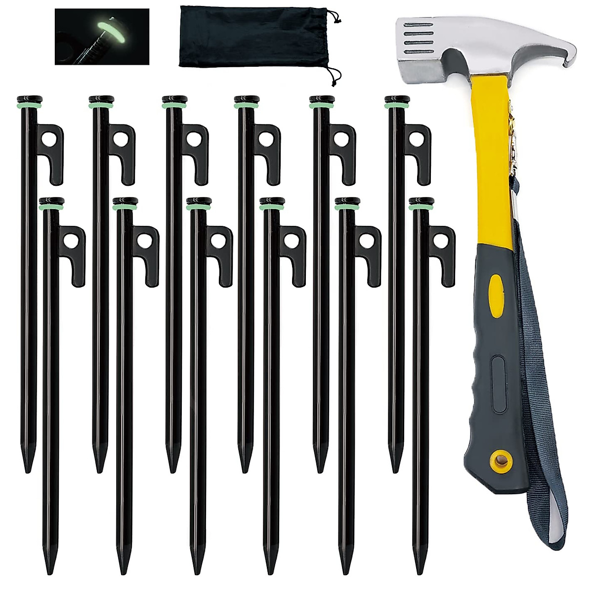 Tialero 8/12/16Pack Tent Stake with Hammer, 8/10/12/16in Heavy Duty Tent Stakes + 10in Tent Stakes Hammer+Storage Pouch, Forged Steel Tent Stakes Used on Rocks (12 Pack 10in Tent Stakes+Hammer)
