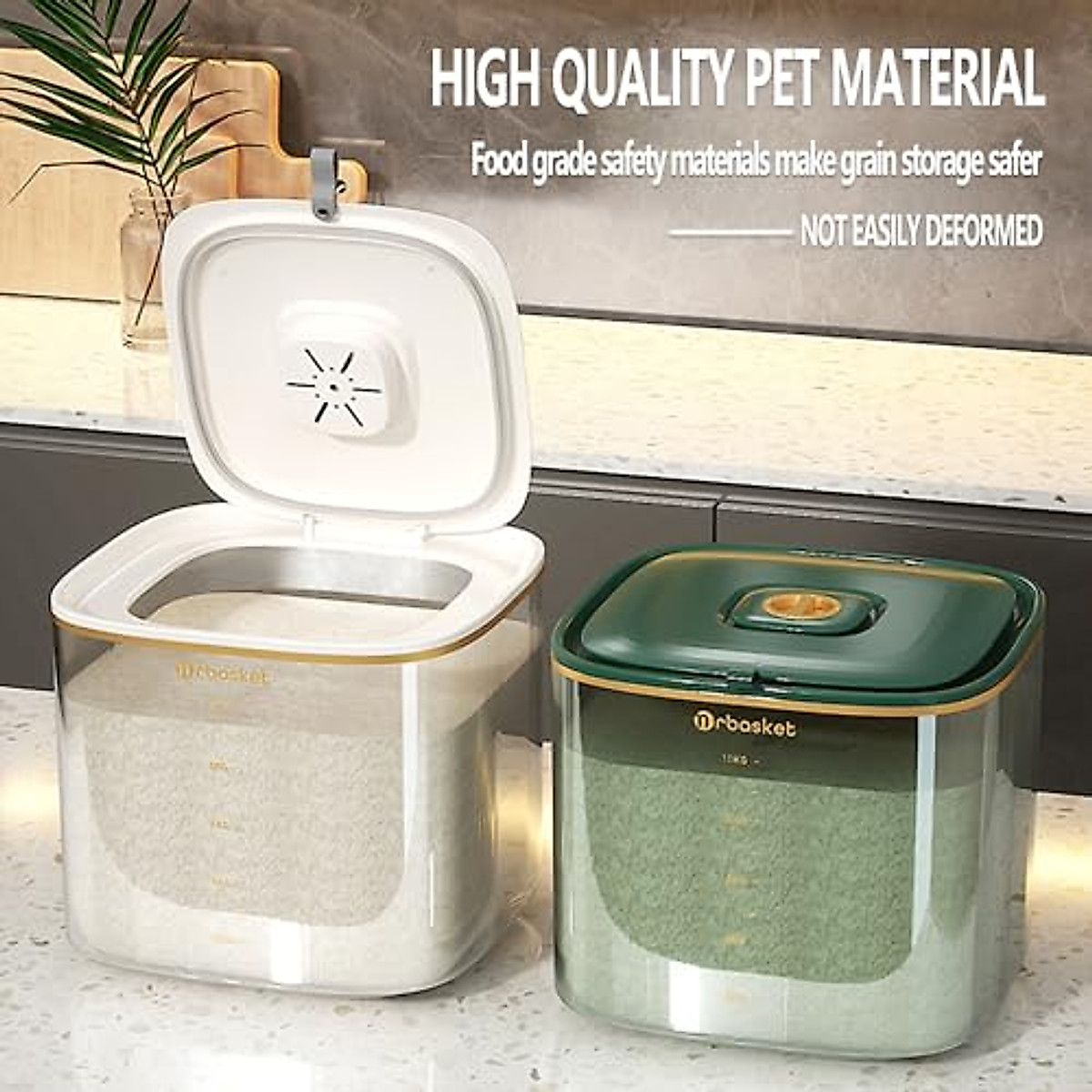 Benshukam 7.4 Gallons Airtight Rice Container Clear Plastic Rice Dispenser, Dry Food Holder with Measuring Cup, For Dog Food, Nuts, Beans, Flour, Grains Pet Food Storage Container Bin (White)