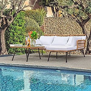 Devoko Outdoor Patio Furniture Set, Outdoor Sectional Conversation Rope Woven L-Shaped Sofa Set with Patio Table and Thick Cushions for Backyard Porch Balcony Garden, White
