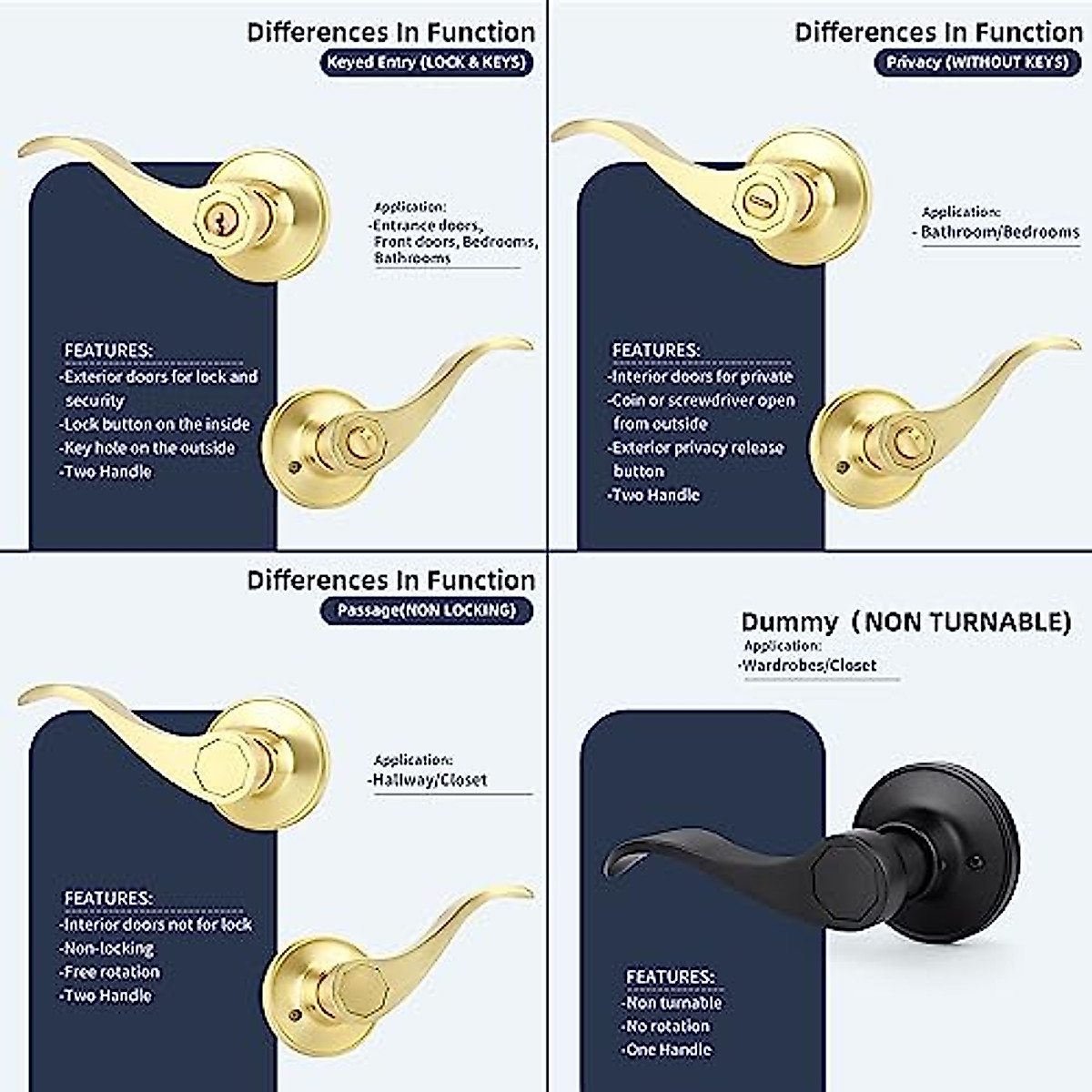 LOQRON Wave Style Door Lever Keyed Entry Door Handle with Lock, Entrance Lever Reversible for Left/Right Handed for Office or Front Door with Satin Brass Finish, 1 Pack