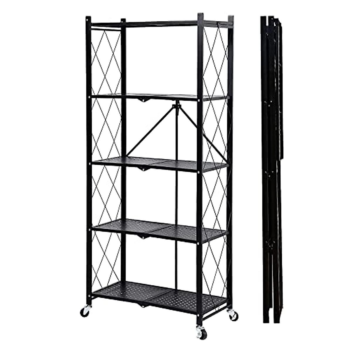 TIOPSUUO 5-Shelf Foldable Storage Shelf Unit on Wheels (No Assembly) Large Capacity Shelving Unit Steel for Kitchen, Garage, Basement, Pantry，Heavy Duty Steel Shelving Organizer Rack