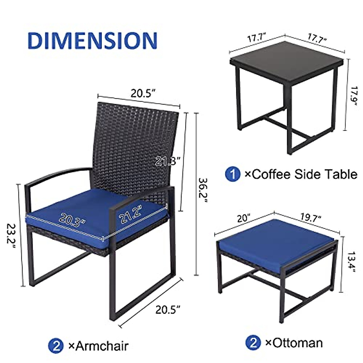 J-SUN-7 5-Piece Patio Furniture Conversation Set PE Rattan All Weather Cushioned Chairs Bistro Set with Ottoman and Glass Coffee Side Table for Balcony Porch, Dark Blue