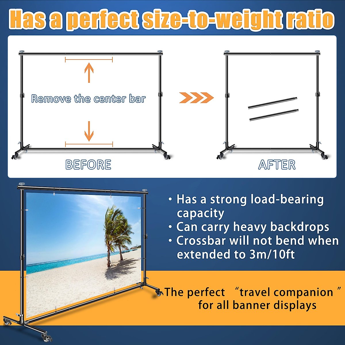 10 * 7ft Backdrop Stand, with Wheels, Adjustable Heavy-Duty Backdrop Stand, Banner Background Stand, Backdrop Support System for Parties Photo Photography