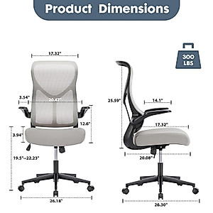 High Back Office Chair Flip up Arms, Desk Chair with Lumbar Support and Wheels Ergonomic Mesh Chair Adjustable Height Work Chair for Home Office, Grey