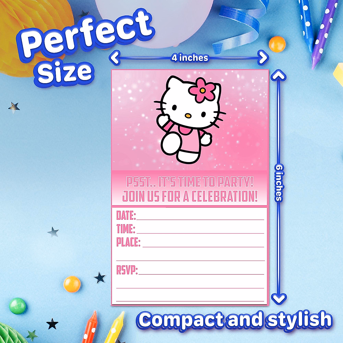 Set of 20 Cute Pink Cat Term or Description -Themed Happy Birthday Invitation Cards & Envelopes - Lightweight (240g), Postcard Style Invites for the Perfect Party Pack