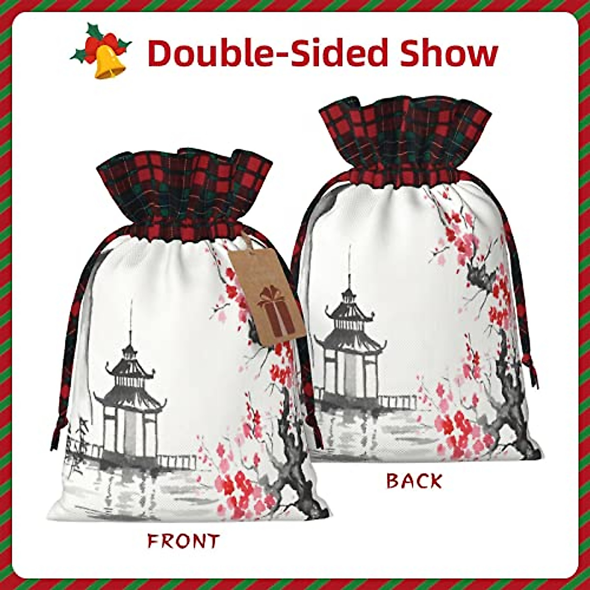 Allgobee Christmas Drawstring Gift Bags Japan-Flower-Temple Buffalo Plaid Drawstring Bag Party Favors Bags