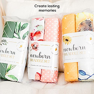 First Landings Newborn Swaddle Set - Matching Headband and Baby Blanket (Set of 2 Each) 36" x 36" Receiving Baby Blanket Boy and Girl - For Newborn Photography, Nursing Covers, Burp Cloths (Sunflower)