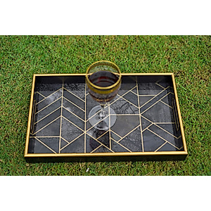 Serving Tray –Coffee Table Tray –Elegant Decorative Tray –PS and Printed Glass Table Tray –Practical and Sturdy Design –Easy to Clean and Washable(Black and Grey,15.6x10x1.8 Inches)