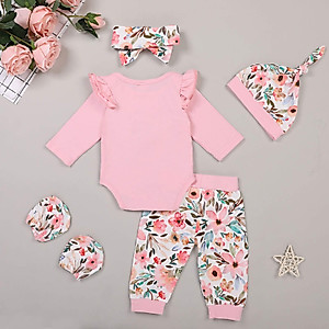 ZOELNIC Newborn Baby Girl Outfits New To The Crew Letter Print Romper+Floral Pants+Hat+Headband+Gloves 5PCS Clothes Set (Light Pink,Newborn)