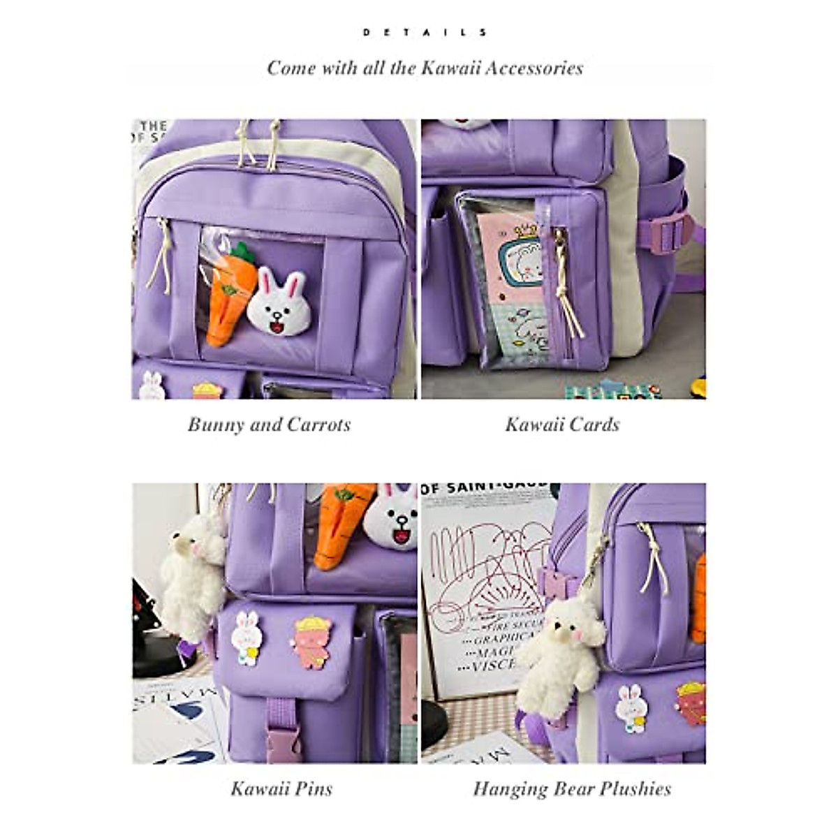 Kawaii Backpack Set of 5 with Pins and Accessories Cute Aesthetic Backpack Set with Display Window for School Teen Girls (Yellow)