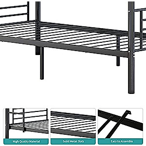Metal Bunk Bed Twin Over Twin, Heavy Duty Bed Frames with Safety Guard Rails, Metal Slats for Kids, Teens, Adults, No Box Spring Needed Black