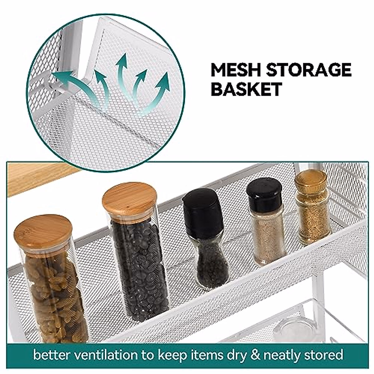 YITAHOME 4-Tier Slim Rolling Cart, Kitchen Cart with Wheels, Storage Cart with Wooden Tabletop and Mesh Baskets, Mobile Utility Cart for Narrow Space for Kitchen, Bathroom, Laundry Room,White