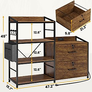 SEDETA 47” File Cabinet with Power Strip, Filing Cabinet fits Legal, Letter, A4 Size, 2 Drawer File Cabinet with Lock, File Cabinets for Home Office with Open Shelf and 3 Hooks, Rustic Brown