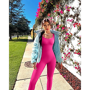 OQQ Women‘s Yoga Jumpsuits Workout Ribbed Long Sleeve Tops Padded Sports Bra Exercise Jumpsuits Rose3