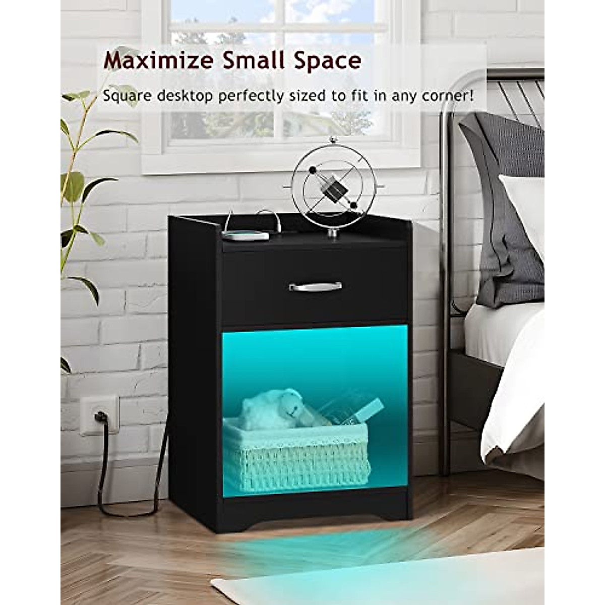 WEENFON Night Stand Set 2 with Charging Station and LED Lights, Nightstands with USB Ports & Outlets, Small Night Stands for Bedroom, Black