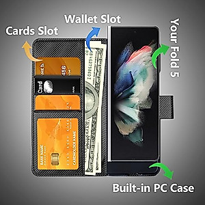Mansoorr for Samsung Galaxy Z Fold 5 Wallet Case with S Pen Holder [Elastic Wrist Strap] [Carbon Fiber Texture Leather] Kickstand Card Holder Slots Protective Flip Folio Phone Cover 7.6" 2023 - Black