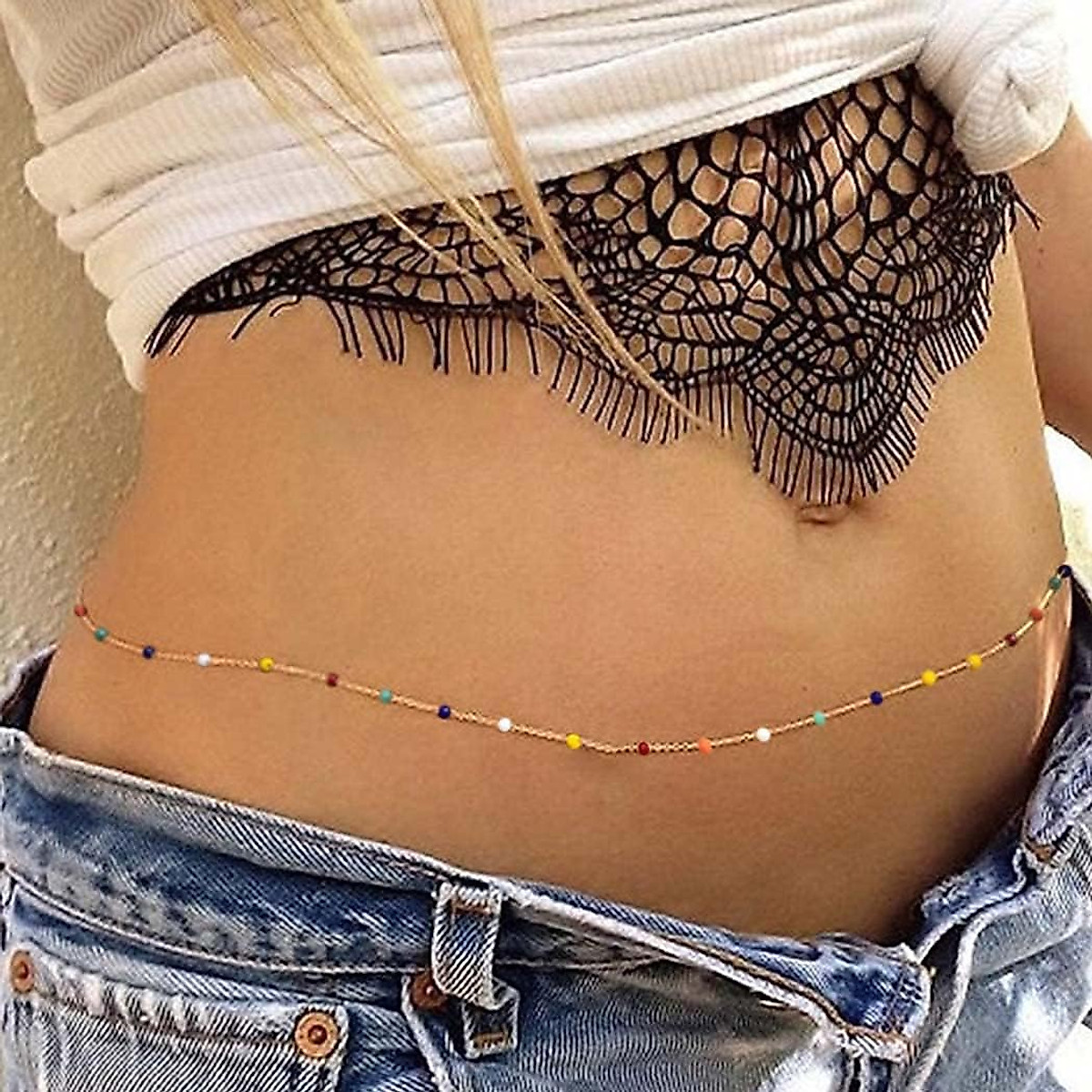 Cosydays Sexy Waist Chain Gold Colorful Beads Body Chain Beaded Belly chain Beach Bikini Chains Summer Body Chain Jewelry for Women and Girls