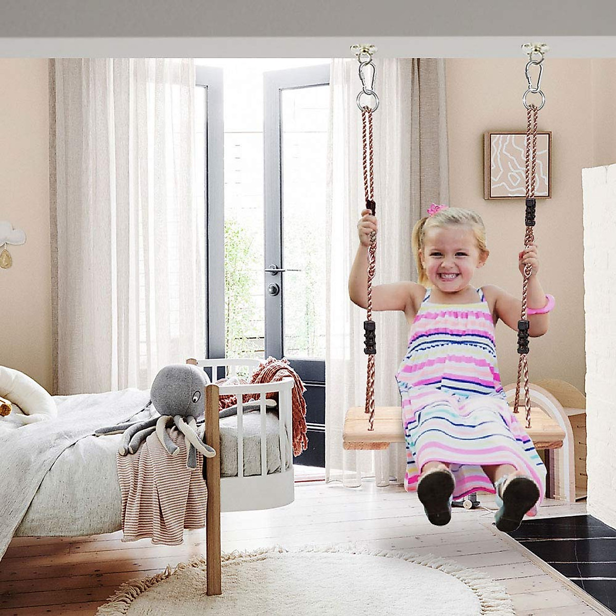 Wooden Tree Swing Set, Wooden Swing Seat with 2 Carabiners, 2 Strengthen Straps and Adjustable Rope for Kids Indoor Outdoor, 17.7'' x 7.5'' x 1.2''