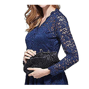 SSMY Beaded Sequin Design Flower Evening Purse Large Clutch Bag (Black)