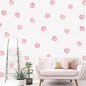 Polka Dot Wall Decals Removable Watercolor Pink Wall Sticker for Kids Baby Girls Living Room Bedroom Playroom (48 Dots)