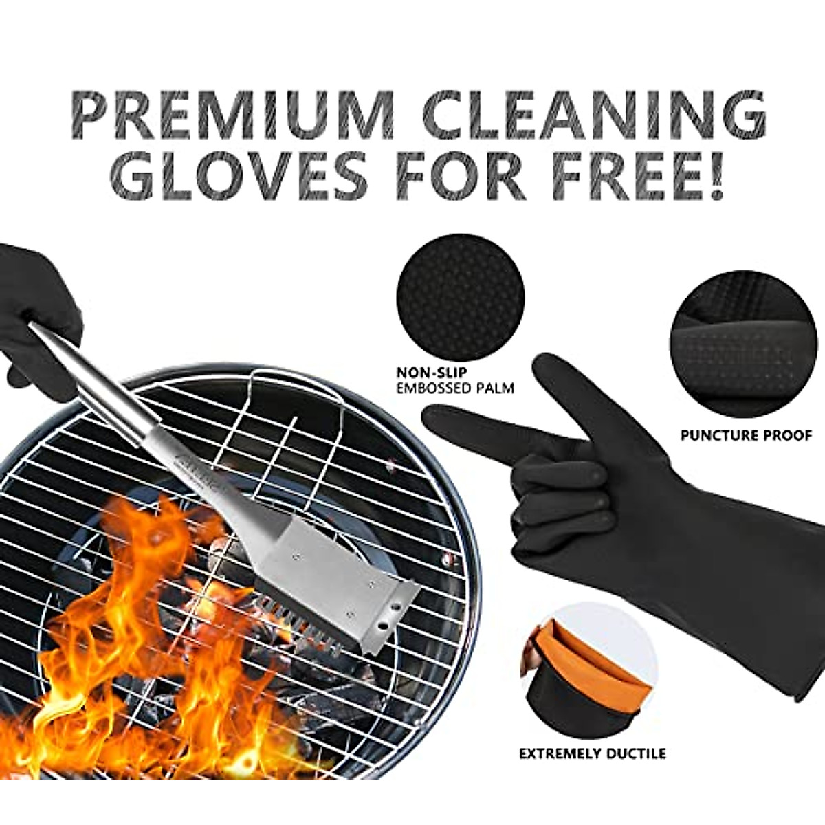 SEETEN Grill Brush and Scraper with 1 Reusable Cleaning Gloves-Safe&Strong 16 inch Stainless Steel Grill Cleaning Brush no Wire Bristles Fall Off-Nice Grill Accessories Gift