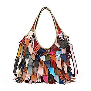 Segater® Women’s Random Multicolor Boston Bag Genuine Leather Colorful Patchwork Large Tote Handbag Hobo Purse Crossbody Big Bag