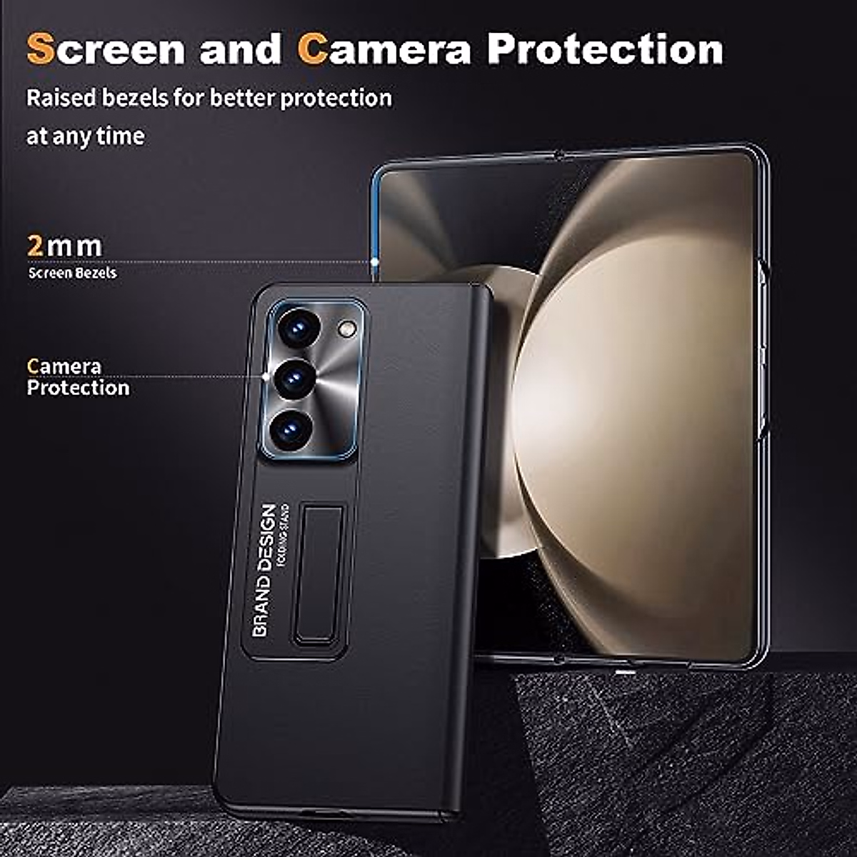 for Samsung Z-Fold-5 Case: Genuine Leather Galaxy Fold 5 Kickstand Case [Hinge Protection][Screen Protector] Skin Felling- Durable Shockproof Protective Phone Cover for Galaxy Fold 5 2023