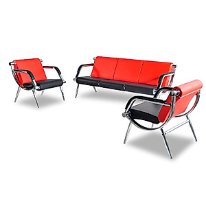 Waiting Room Bench with Armrest 5 Seat Red Black PU Leather Office Furniture Guest Seating Lobby Conference Reception Chair Visitor Guest Sofa for Office Airport Clinic Hospital Bank Salon Barber
