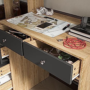 Homsee Computer Desk with Bookshelf & Glass Door, Modern Corner Desk with Storage Shelves, 47 Inch Large Writing Study Table with 5 Drawers & Open Cubes for Home Office, Brown and Grey