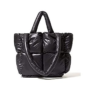Large Puffer Tote Bag Winter Soft Puffer Down Padding Shoulder Bags Trendy Luxury Quilted Padded Handbags for Women (Black)