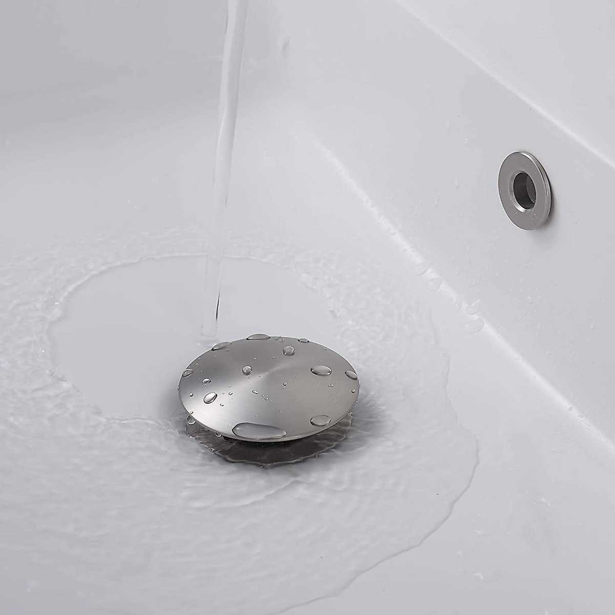 Rockgoya Bathroom Sink Drain,Drain Stopper Bathroom Sink Without Overflow,Pop Up Drain Assembly with Detachable Strainer Basket,Built-in Anti-Clogging Strainer,Stainless Steel Brushed Nickel