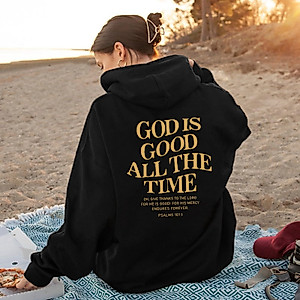 God is Good All The Time Hoodie for Women Oversized Letter Print Pullover Sweatshirts Loose Fit Casual Fall Hoodie Pockets Black,L