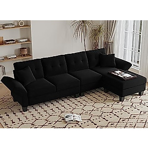 Belffin Black Velvet Sectional Couch L Shaped Sofa 4 Seat Sofa with Chaise Convertible L-Shaped Couches Reversible Sectional Sofa Black