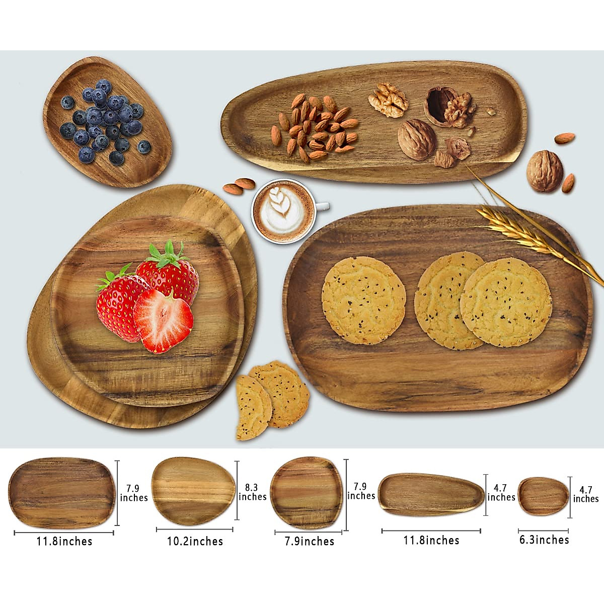 MELELES Acacia Wood Dinner Plates,Wooden Trays Sets of 5,Easy Cleaning & Lightweight for Snacks,Desserts,Fruit,Salads,Unbreakable Oval Charger Plates for Housewarmings,Christmas Gifts