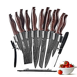 Damascus Steel Knife Set 18Pcs Non Stick Sharp Kitchen Knives Set with Acrylic Block, Cutlery Knives Block Set, Chef Quality, Best Gift (Coffee)
