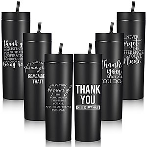 Rtteri 6 Pcs Employee Appreciation Gifts Bulk Thank You Tumblers Gifts for Women 16oz Inspirational Plastic Skinny Tumblers with Lids for Women Men Secretaries Teacher Coworker(Black, Motivational)