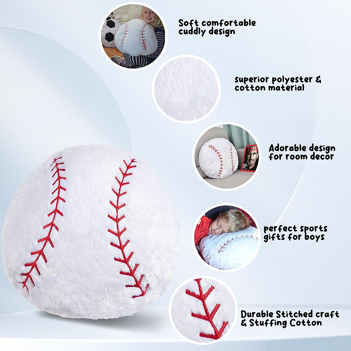 Baseball Pillow Boys Sports Room: Soft Softball Throw Plush Gifts - Play Stuff Ball Toys Decor Age 8-12