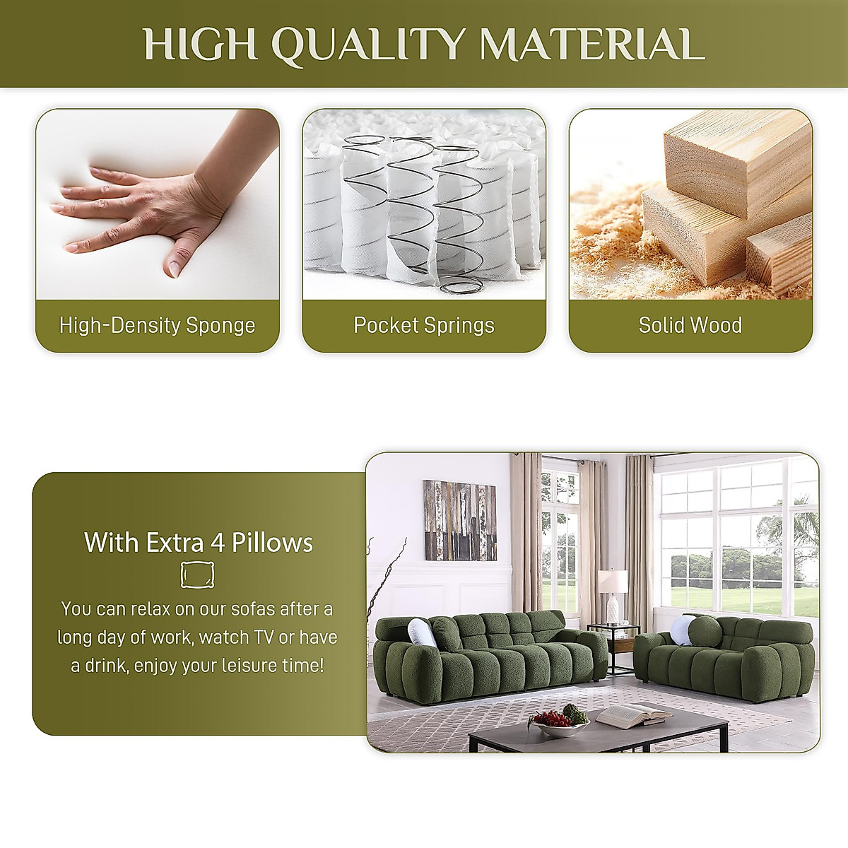 Wrofly 2 Piece Boucle Sofa Couch Set, Comfy Upholstered Sherpa Deep Seat Cloud Couch and Loveseat, Modern Tufted 3 Seater and 2 Seater Love Seat Sofa for Living Room Apartment, Olive Green