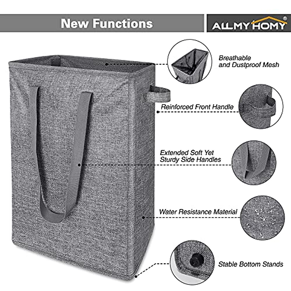 AllMyHomy Slim Laundry Hamper 45L, Tall Narrow Laundry Basket, Small Laundry Bin, Clothes Hampers Rectangle, Thin Laundry Storage Bin Skinny, Collapsible Laundry Bag, Clothes Baskets Organizer (Grey)