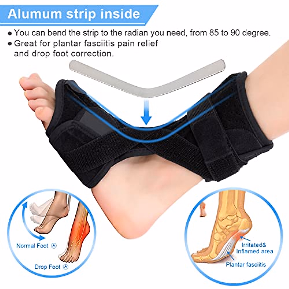 Plantar Fasciitis Support Brace, Night Splint and Compression Socks Kit Orthotics Drop Foot Brace Day and Night with Stretching Straps for Pain Relief