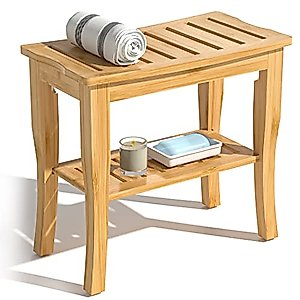 Bamboo Shower Bench & Stool Waterproof - Wood Shower Bench with Storage Shelf for Inside Shower(Classic Natural)