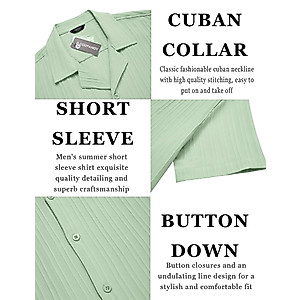 COOFANDY Button Down Shirt Men Button Down Short Sleeve Shirt Button Up Shirts for Men Linen Shirts for Men Summer Beach Shirt Light Green - M
