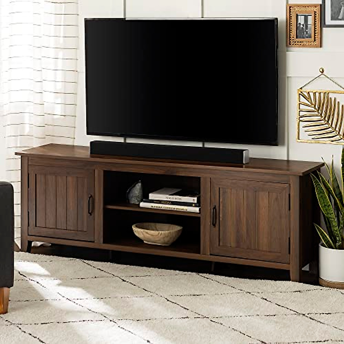 Walker Edison Ashbury Coastal Style Grooved Door TV Stand for TVs up to 80 Inches, 70 Inch, Dark Walnut