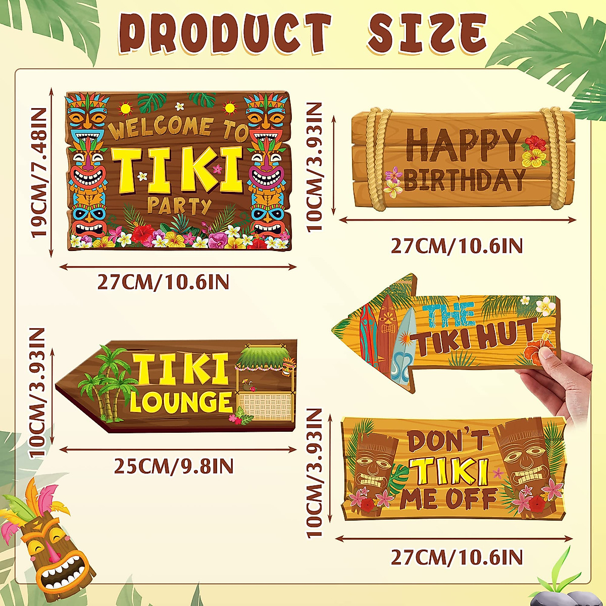 Colarr 20 Pieces Tiki Totem Birthday Party Decorations Hawaiian Luau Party Directional Sign for Aloha Hawaii Luau Tropical Party Supplies, 10 Styles