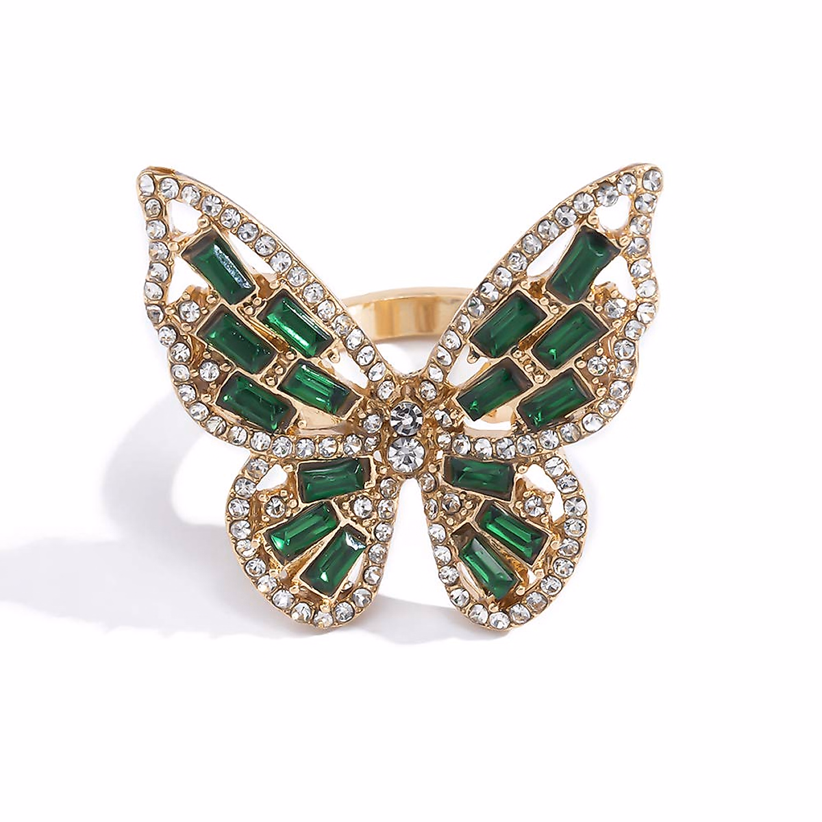 Aimimier Cubic Zirconia Butterfly Ring Sparkling Crystal Bow-Knot Knuckle Ring Wedding Jewelry for Women(Gold-green)
