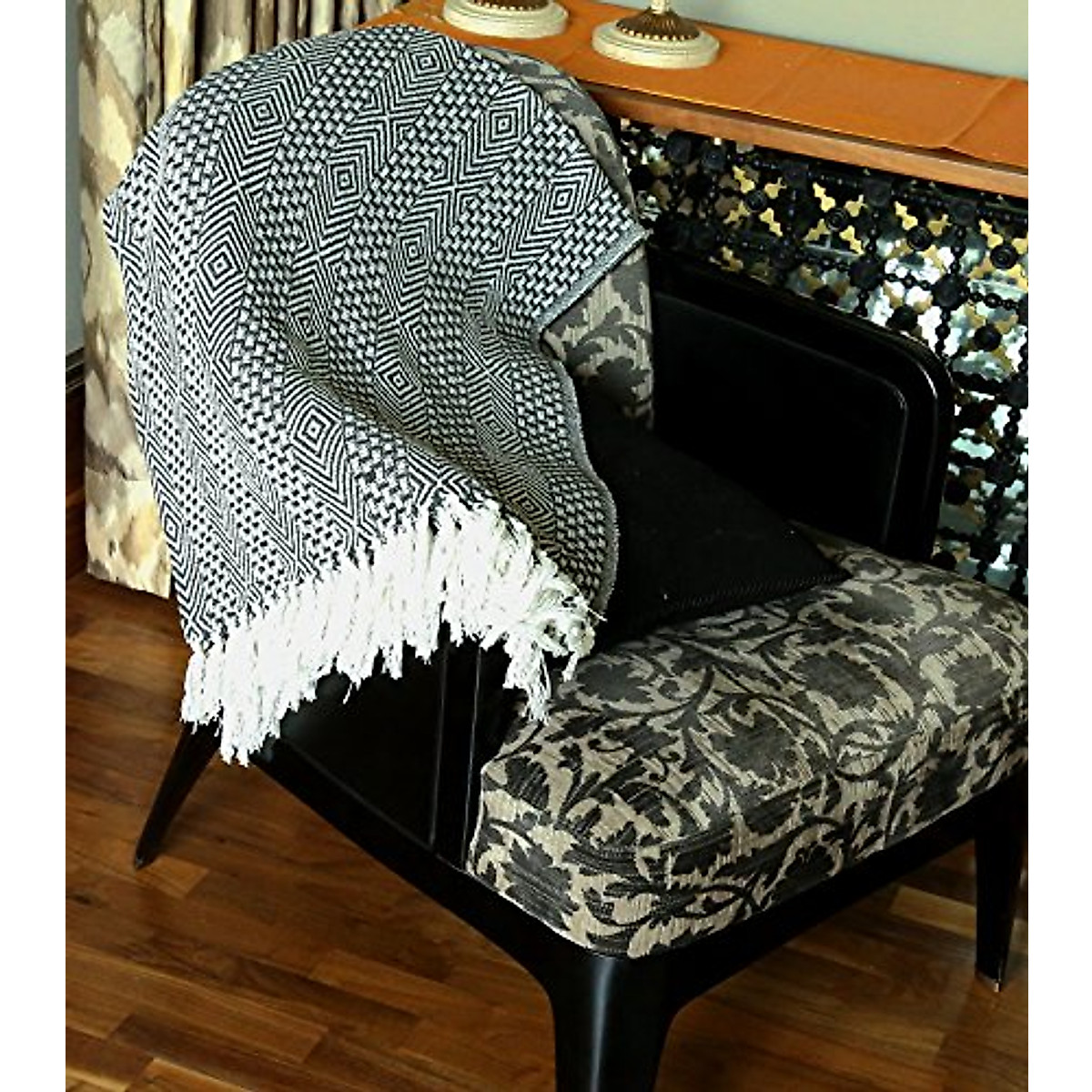 RAJRANG BRINGING RAJASTHAN TO YOU Cotton Farmhouse Throw - 50x60 Inches - Woven Knitted Blanket with Decorative Tassel for Sofa and Couch Charcoal Grey