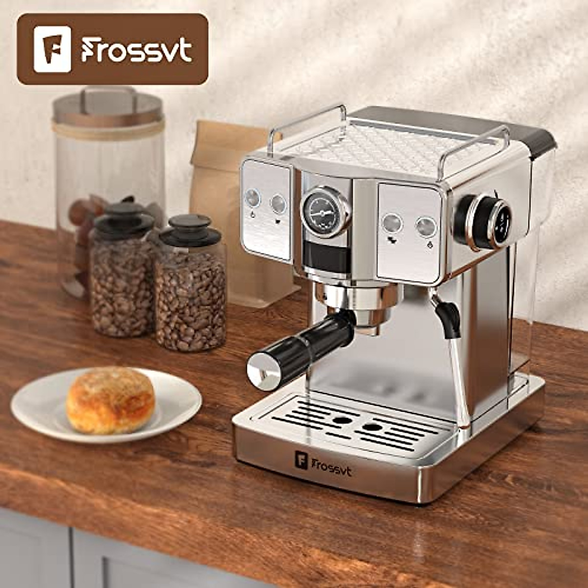 Frossvt Espresso Machine, 20 Bar Espresso Maker with Milk Frother Steam Wand for Latte and Cappuccino, Stainless Steel Coffee machines with 1.8L/60oz Water Tank for home, Sliver Coffee maker