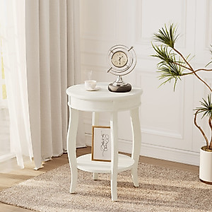 Acme Aberta Round Wooden End Table with Bottom Shelf in Antique White
