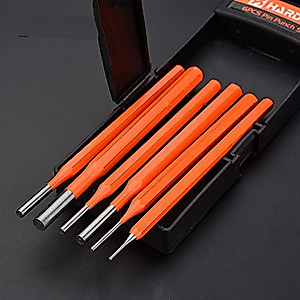Edward Tools 6 Piece Pin Punch Set for Gunsmith, Mechanic, Metal Stamping - Heavy Duty Chrome Steel for Punching out Pins and Dowels - High visibility Orange