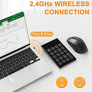 Wireless Number Pad and Mouse, Ultra Slim 2.4 GHz 19 Keys Numeric Keypad with 3 Adjustable DPI, Portable Silent Financial Accounting Number Keyboard Extensions for Laptop, PC, Desktop, Notebook